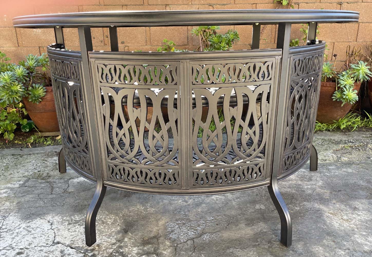 Cast Aluminum Outdoor Curved bar Table with Storage Patio Furniture Desert Bronze.