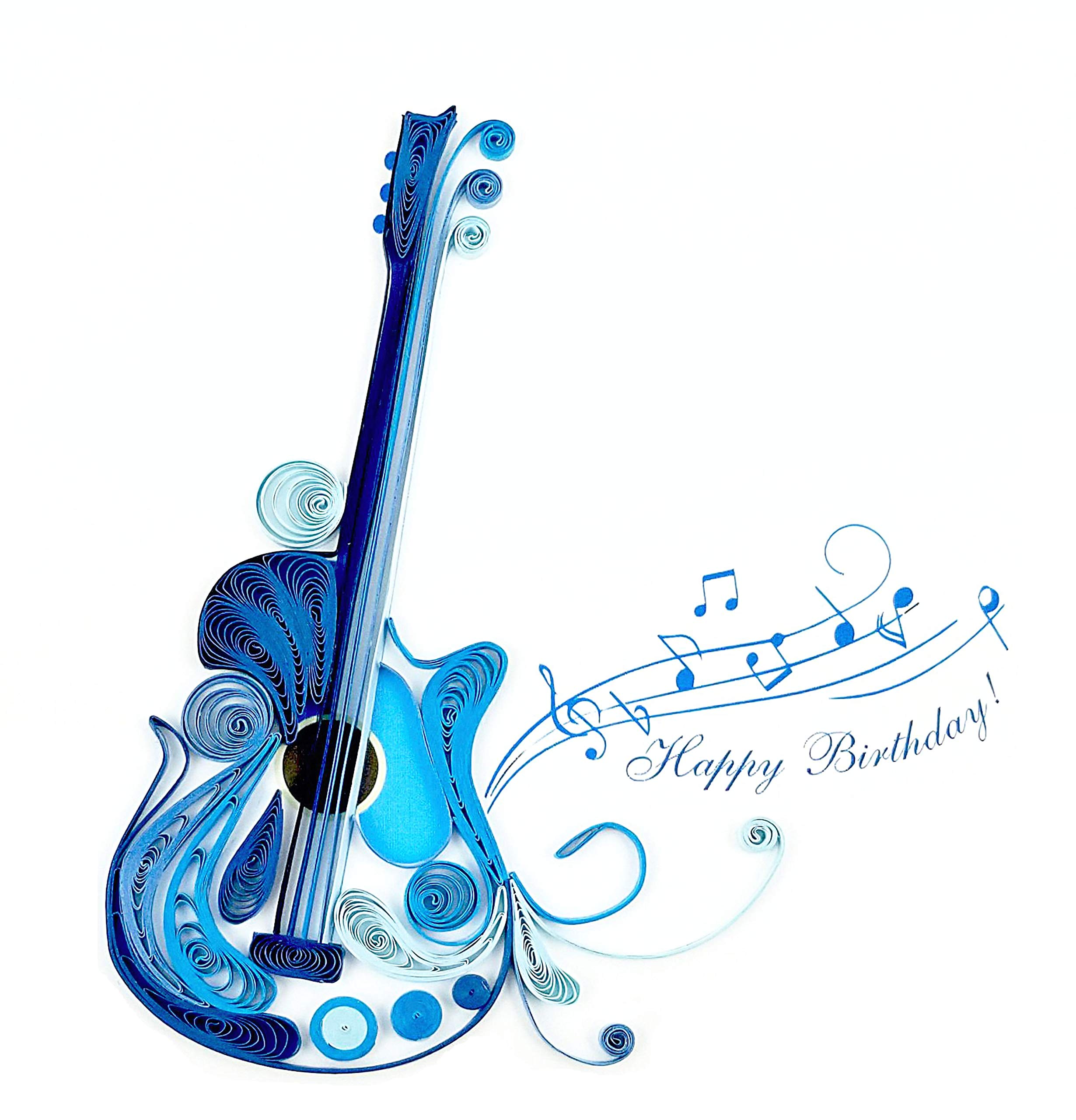 Blue Guitar with "Happy Birthday" Quilling Greeting Card, 6x6" with Envelope. Blank Inside. Hand-made. Suitable for Framing.