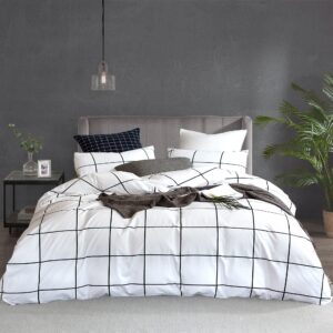 KAREVER White Grid Duvet Cover Set Queen White Checkered Bedding Set White and Black Plaid Queen 3 PCS Women White Checkered Duvet Cover Set Queen White Grid Duvet Cover