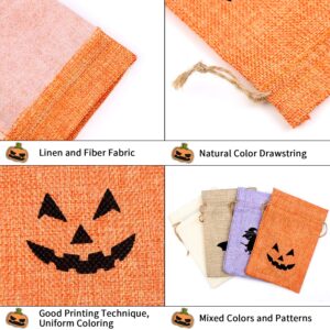 DECORA Burlap Gift Bags with Double Jute Drawstrings Candy Pouch Halloween Treat Bags with Different Designs Pack of 50