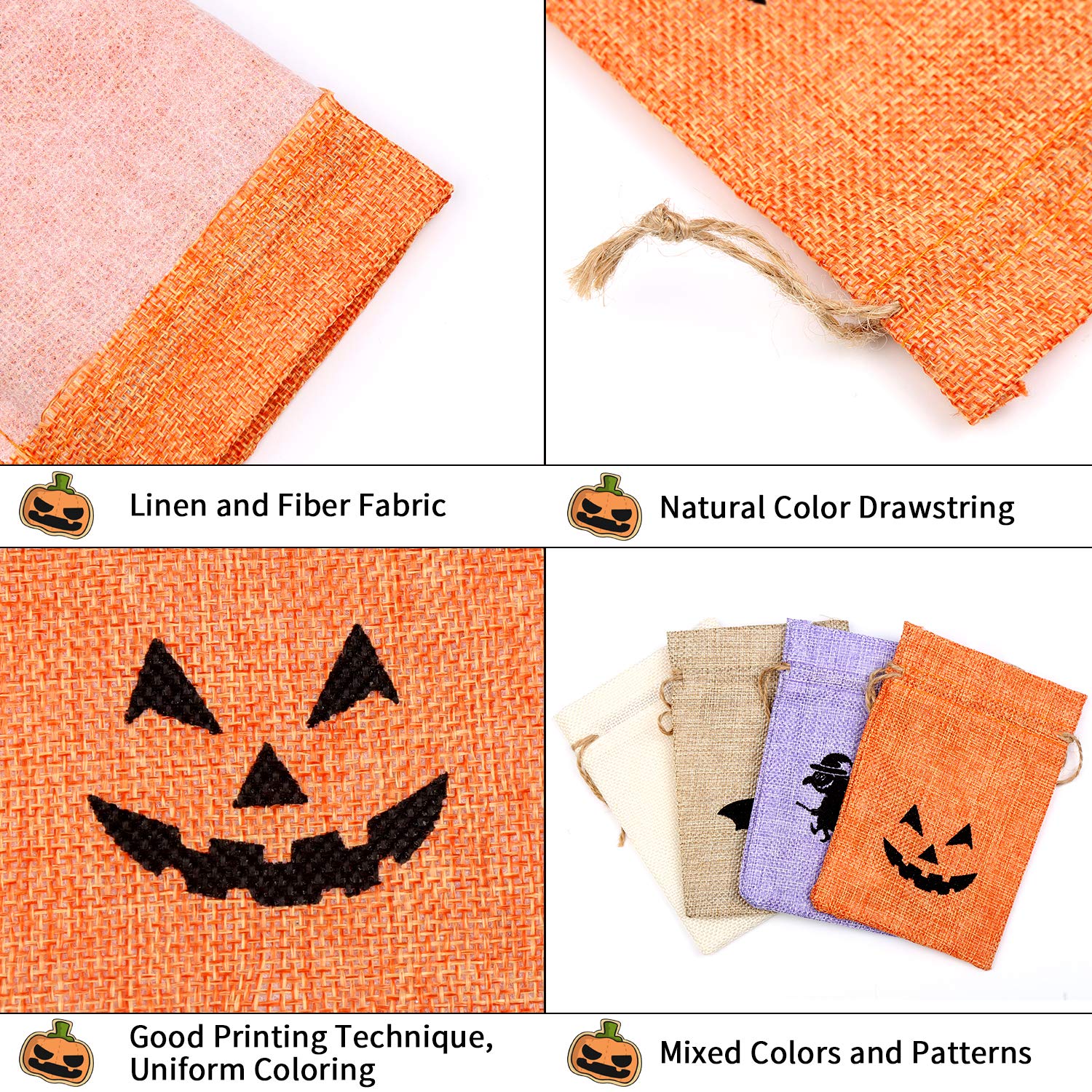 DECORA Burlap Gift Bags with Double Jute Drawstrings Candy Pouch Halloween Treat Bags with Different Designs Pack of 50