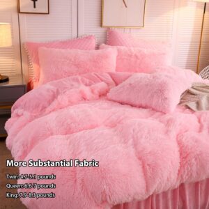 LIFEREVO Luxury Plush Shaggy Duvet Cover Set, Soft Velvet Fluffy Furry Duvet Cover Set(1 Faux Fur Fuzzy Comforter Cover + 2 Pom Poms Pillowcases) Solid Bedding Set, Zipper Closure(Full/Queen, Pink)