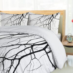 Ambesonne Black and White Duvet Cover Set, Macro Leafless Winter Tree Branches Idyllic Twigs of Oak Nature Print, Decorative 3 Piece Bedding Set with 2 Pillow Shams, King Size, Black and White