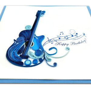 Blue Guitar with "Happy Birthday" Quilling Greeting Card, 6x6" with Envelope. Blank Inside. Hand-made. Suitable for Framing.