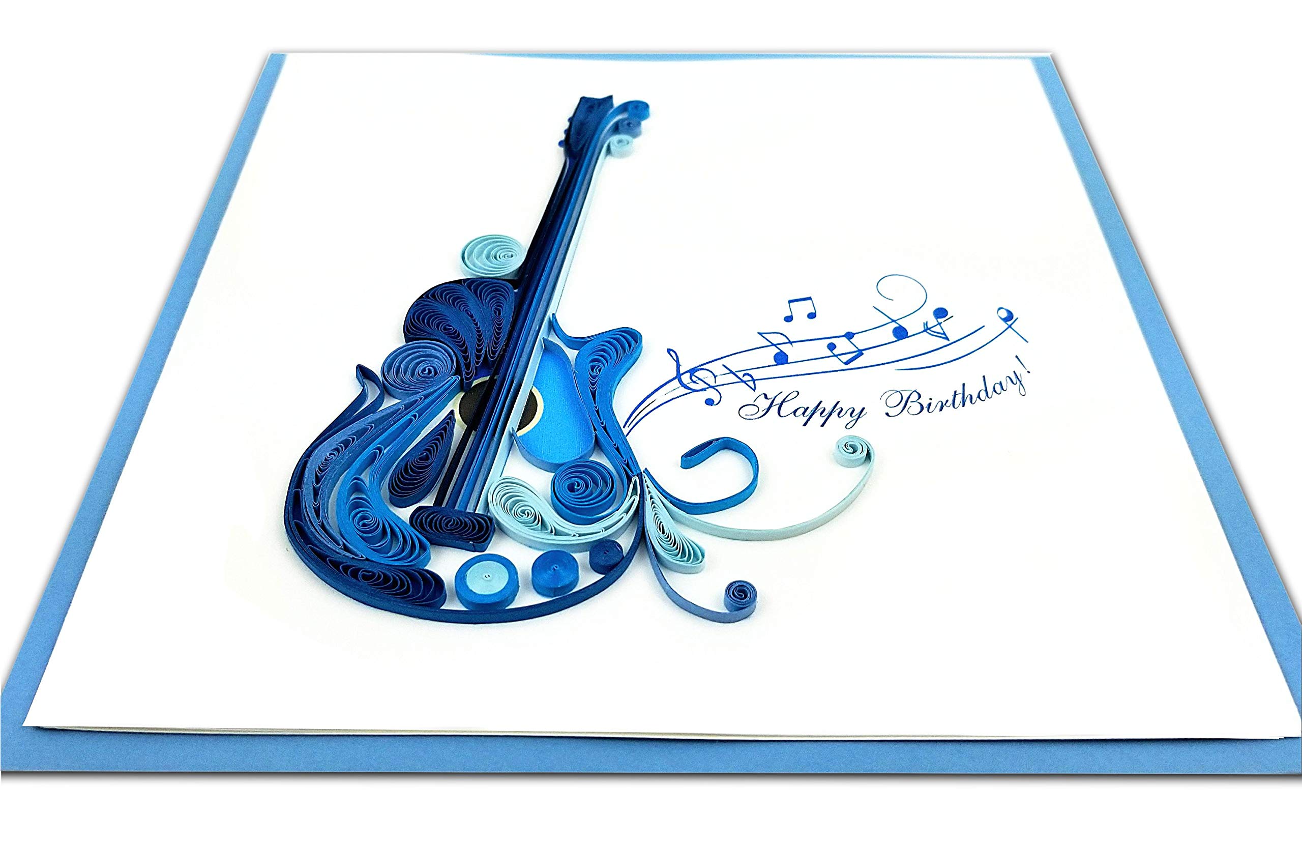 Blue Guitar with "Happy Birthday" Quilling Greeting Card, 6x6" with Envelope. Blank Inside. Hand-made. Suitable for Framing.