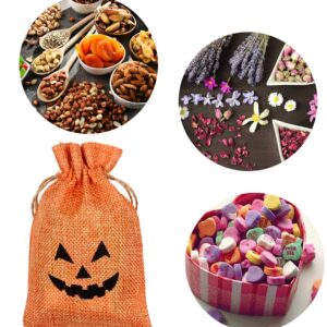 DECORA Burlap Gift Bags with Double Jute Drawstrings Candy Pouch Halloween Treat Bags with Different Designs Pack of 50