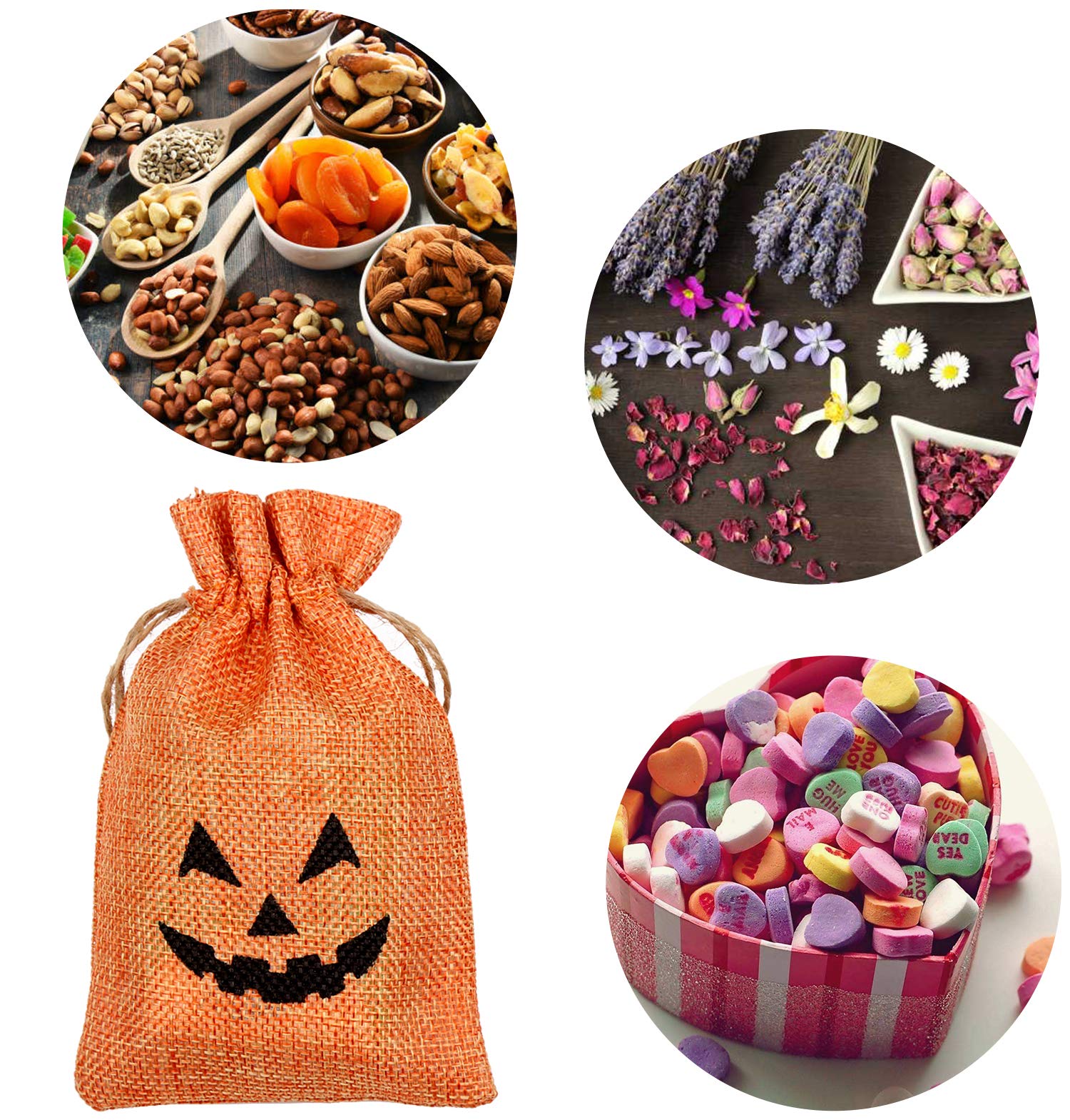 DECORA Burlap Gift Bags with Double Jute Drawstrings Candy Pouch Halloween Treat Bags with Different Designs Pack of 50