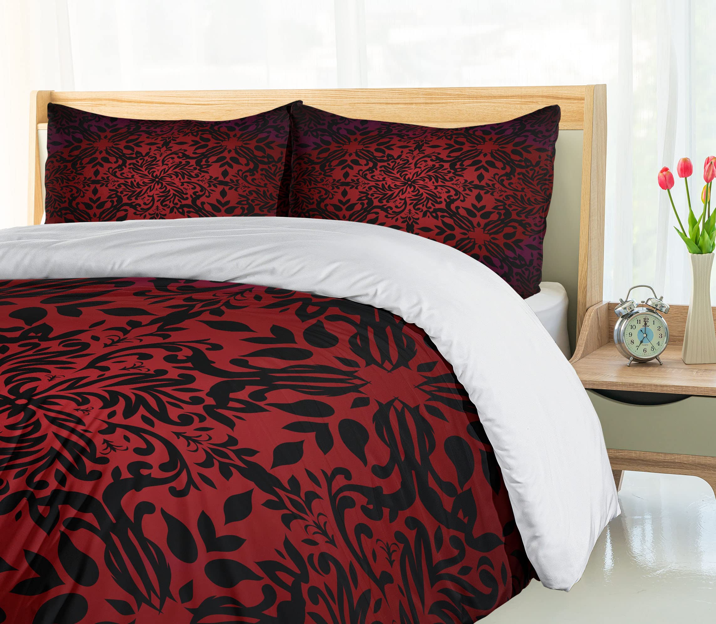 Ambesonne Oriental Duvet Cover Set, Mandala Inspired Curly Flowers and Leaves Details Frame Illustration, Decorative 3 Piece Bedding Set with 2 Pillow Shams, King Size, Vermilion and Black