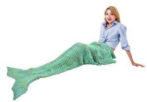 catalonia mermaid tail blanket with anti-slip neck strap, soft silky hand knitted mermaid sleeping blanket for girls women adults teens all seasons sleeping bag green 66.5" x 22.5"