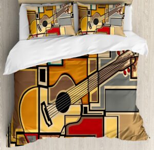 ambesonne music duvet cover set, funky fractal geometric square shaped background acoustic guitar art, decorative 3 piece bedding set with 2 pillow shams, king size, pale yellow