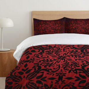 Ambesonne Oriental Duvet Cover Set, Mandala Inspired Curly Flowers and Leaves Details Frame Illustration, Decorative 3 Piece Bedding Set with 2 Pillow Shams, King Size, Vermilion and Black