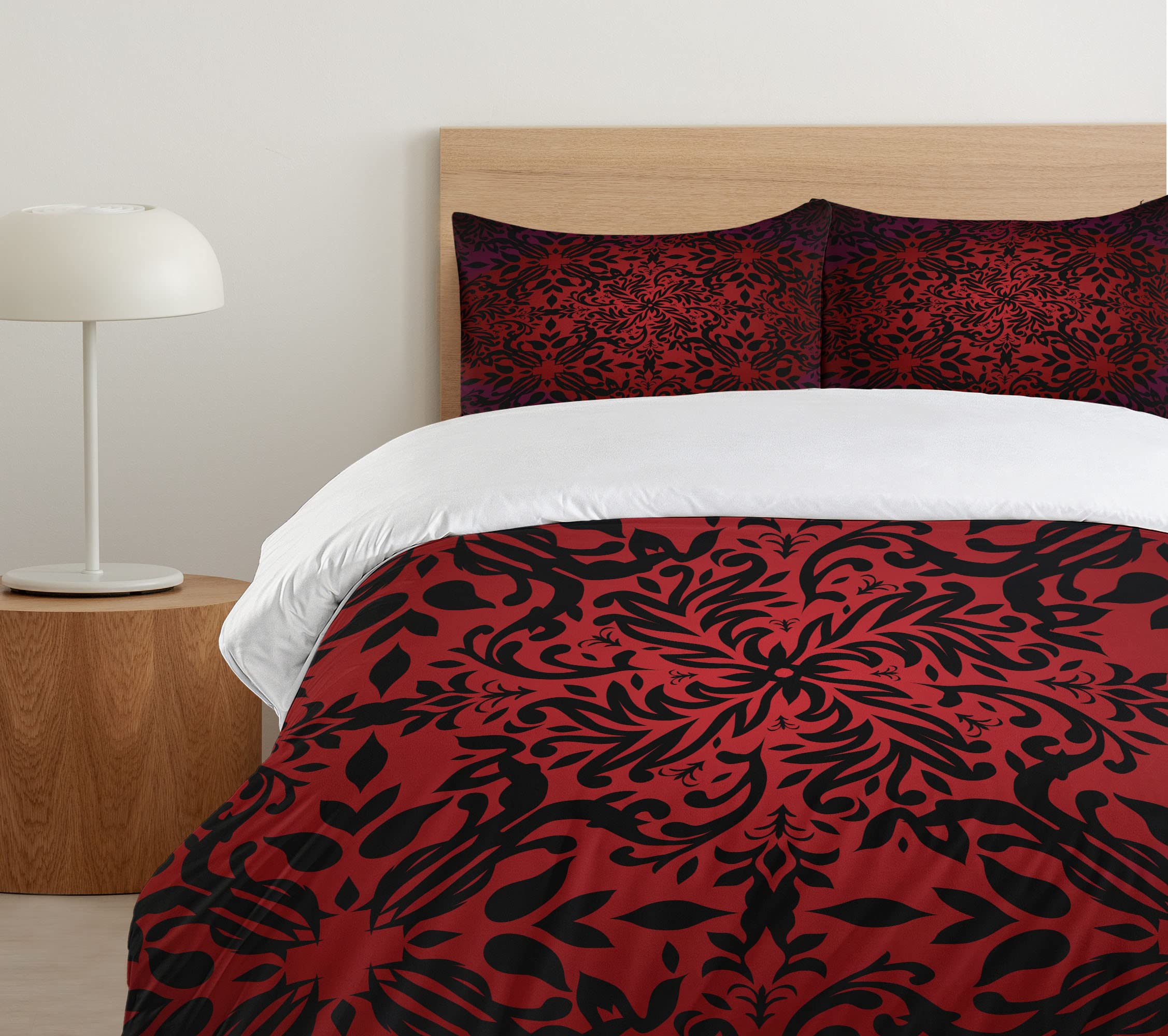 Ambesonne Oriental Duvet Cover Set, Mandala Inspired Curly Flowers and Leaves Details Frame Illustration, Decorative 3 Piece Bedding Set with 2 Pillow Shams, King Size, Vermilion and Black