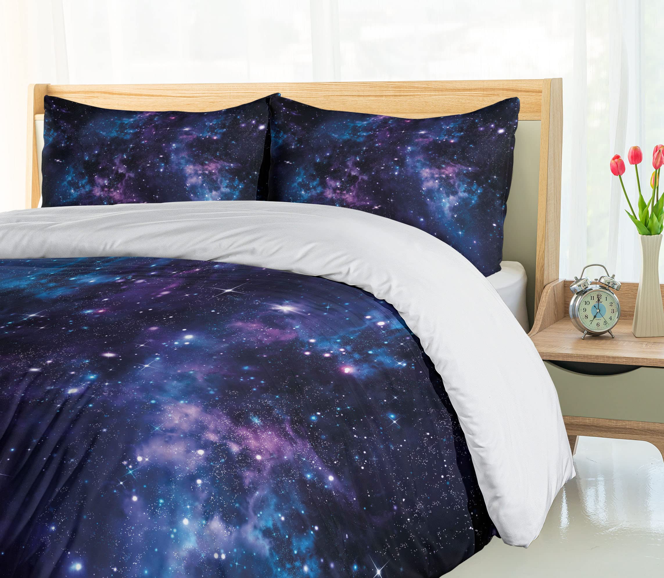 Ambesonne Space Duvet Cover Set, Mystical Sky with Star Clusters Cosmos Nebula Celestial Scenery Artwork, Decorative 3 Piece Bedding Set with 2 Pillow Shams, King Size, Blue