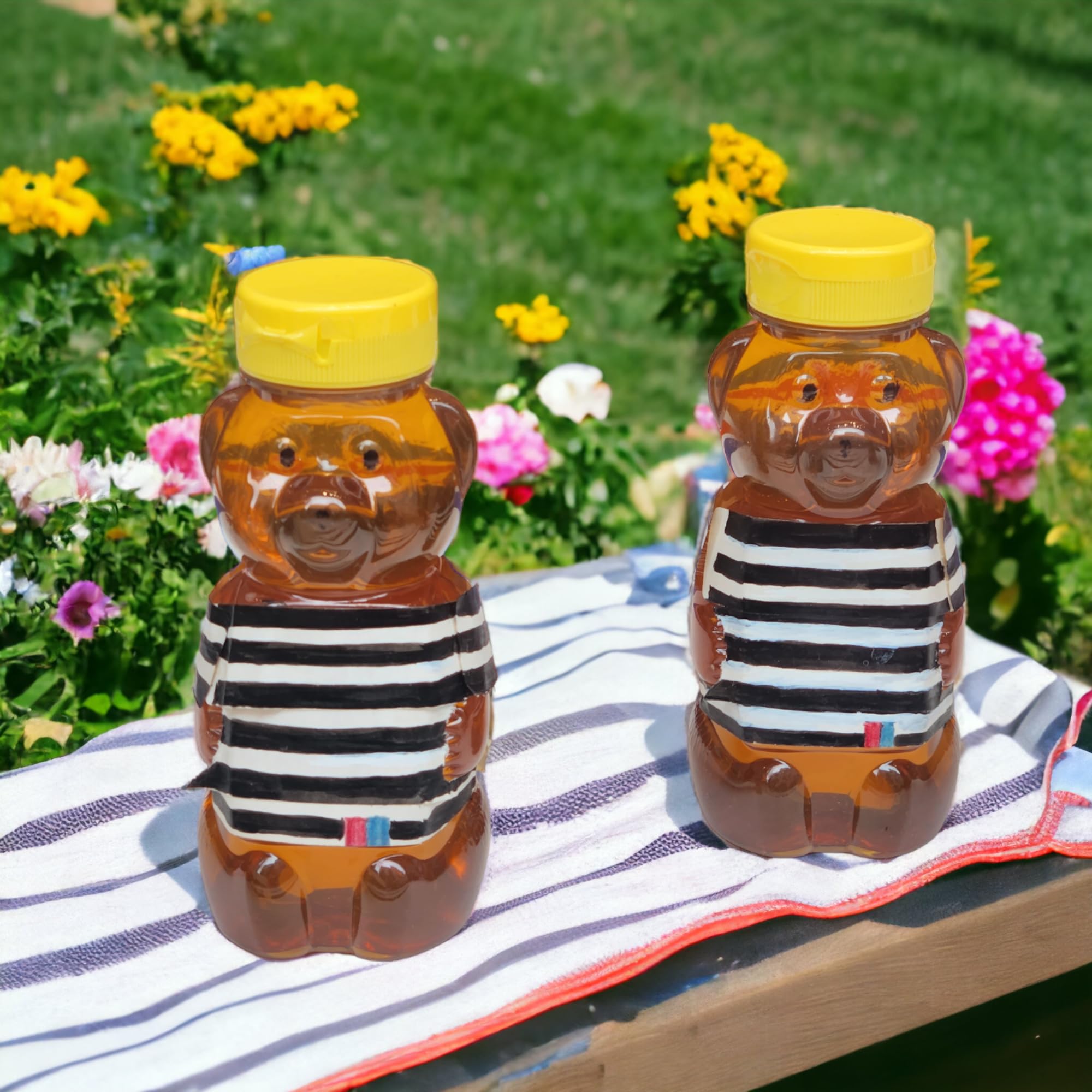 Nakpunar 18 Pack 8 fl oz Plastic PET Honey Bear Jars, Squeeze Bottles with Yellow Flip-Top Dispenser Caps w/Seals - Holds 12 oz Honey by Weight - BPA Free, Refillable and Made in USA