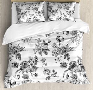 ambesonne black and white duvet cover set, vintage floral pattern victorian classic royal inspired new modern art, decorative 3 piece bedding set with 2 pillow shams, king size, black and white