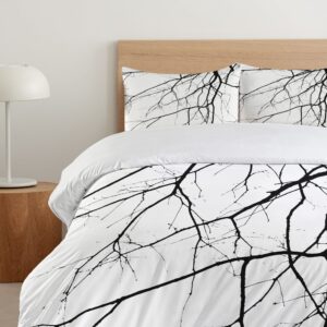 Ambesonne Black and White Duvet Cover Set, Macro Leafless Winter Tree Branches Idyllic Twigs of Oak Nature Print, Decorative 3 Piece Bedding Set with 2 Pillow Shams, King Size, Black and White