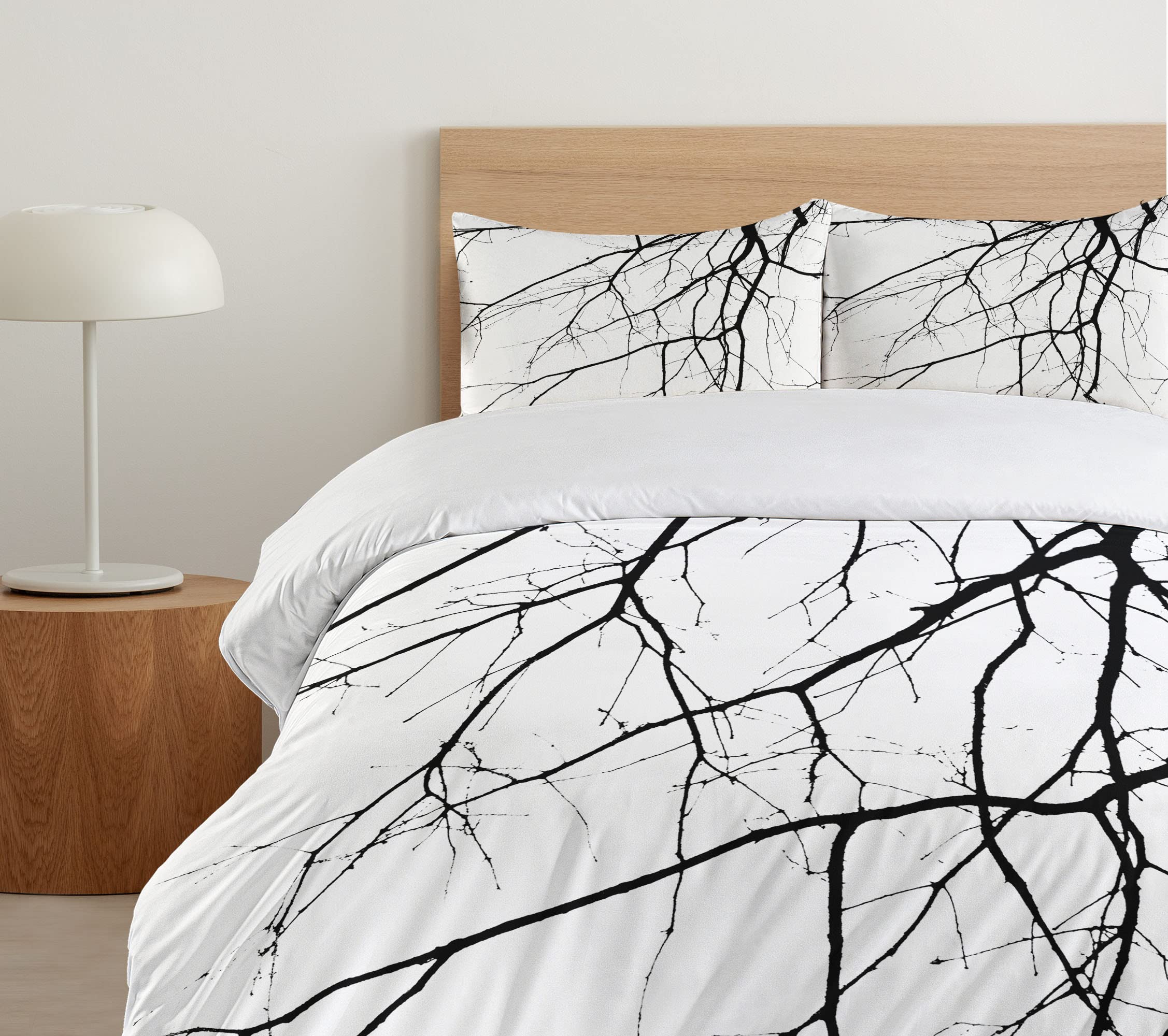 Ambesonne Black and White Duvet Cover Set, Macro Leafless Winter Tree Branches Idyllic Twigs of Oak Nature Print, Decorative 3 Piece Bedding Set with 2 Pillow Shams, King Size, Black and White