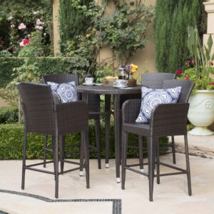 Christopher Knight Home Callum Outdoor Wicker 32.5" Round Bar Table Set, 5-Pcs Set, Multibrown