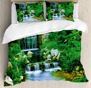 ambesonne nature duvet cover set, waterfall flowing down the rocks foliage cascade in forest valley image, decorative 3 piece bedding set with 2 pillow shams, queen size, fern green pale blue