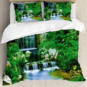 Ambesonne Nature Duvet Cover Set, Waterfall Flowing Down The Rocks Foliage Cascade in Forest Valley Image, Decorative 3 Piece Bedding Set with 2 Pillow Shams, Queen Size, Fern Green Pale Blue