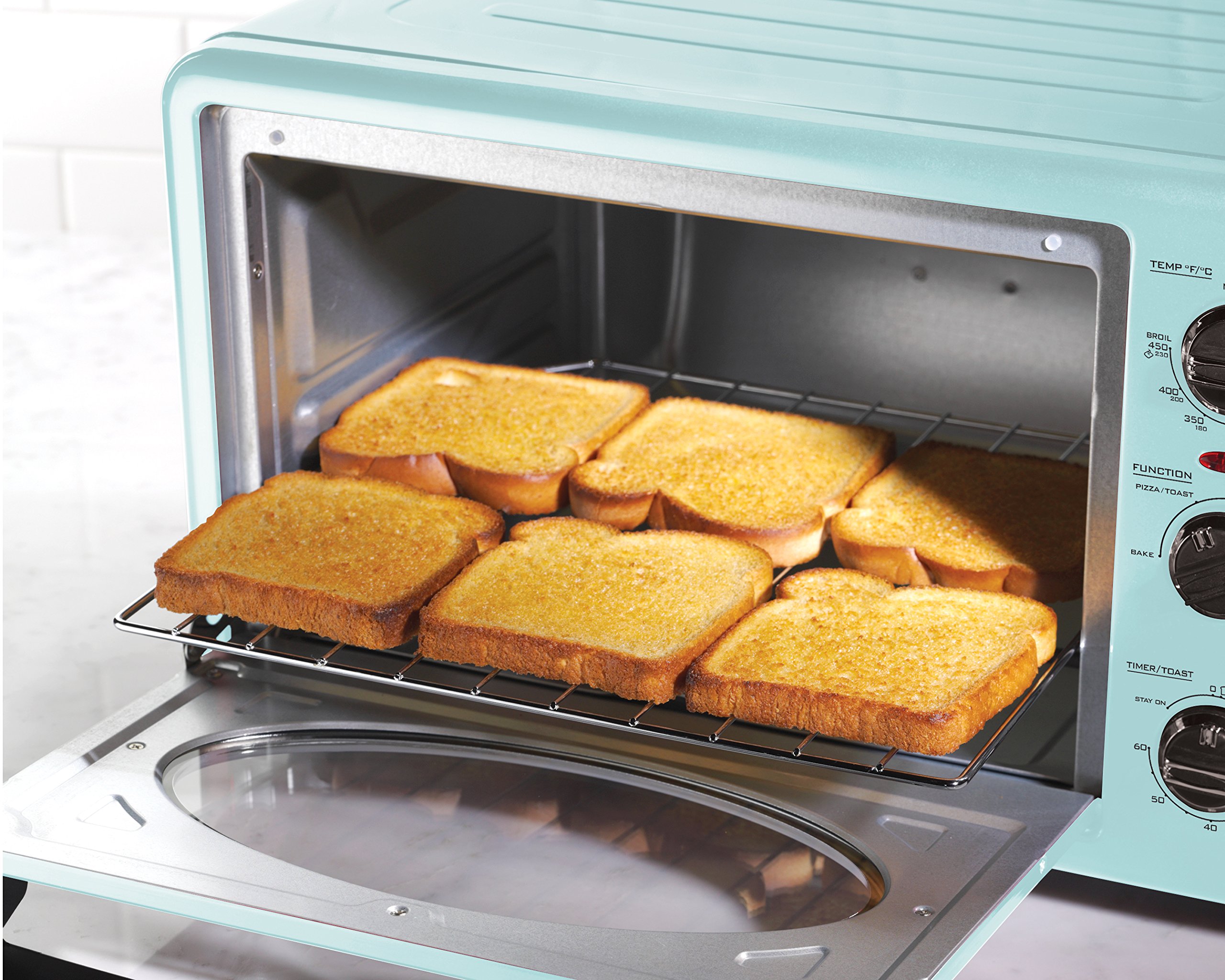 Nostalgia Oven, Toast, AirFry, Broil Functions Large Capacity Fits Slices of Bread Two 12 in. Pizzas-Includes Baking Pan and Frying Basket, 21 Qt, Aqua