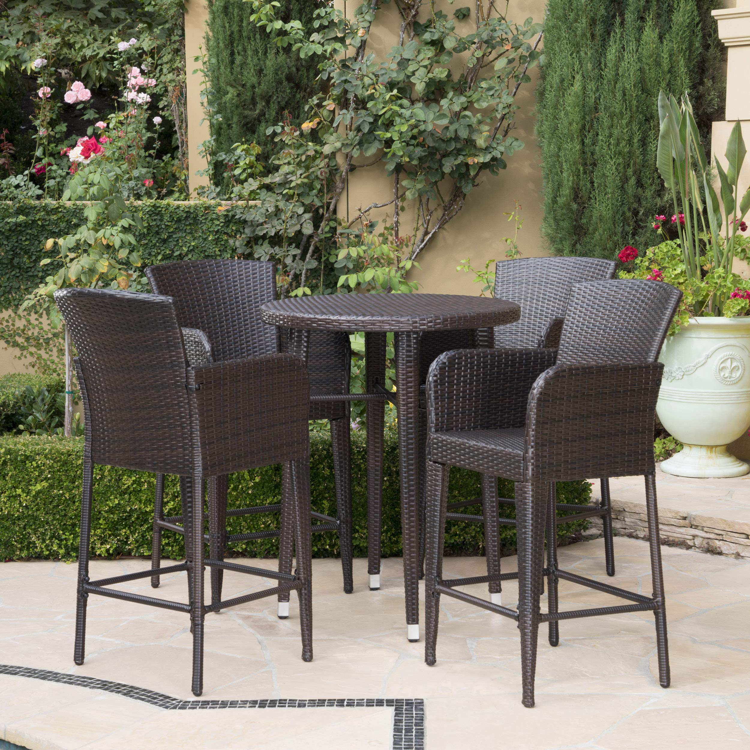 Christopher Knight Home Callum Outdoor Wicker 32.5" Round Bar Table Set, 5-Pcs Set, Multibrown