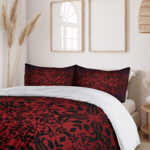 Ambesonne Oriental Duvet Cover Set, Mandala Inspired Curly Flowers and Leaves Details Frame Illustration, Decorative 3 Piece Bedding Set with 2 Pillow Shams, King Size, Vermilion and Black