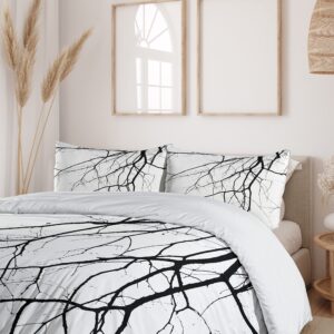 Ambesonne Black and White Duvet Cover Set, Macro Leafless Winter Tree Branches Idyllic Twigs of Oak Nature Print, Decorative 3 Piece Bedding Set with 2 Pillow Shams, King Size, Black and White