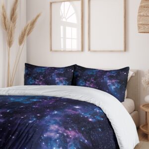 Ambesonne Space Duvet Cover Set, Mystical Sky with Star Clusters Cosmos Nebula Celestial Scenery Artwork, Decorative 3 Piece Bedding Set with 2 Pillow Shams, King Size, Blue