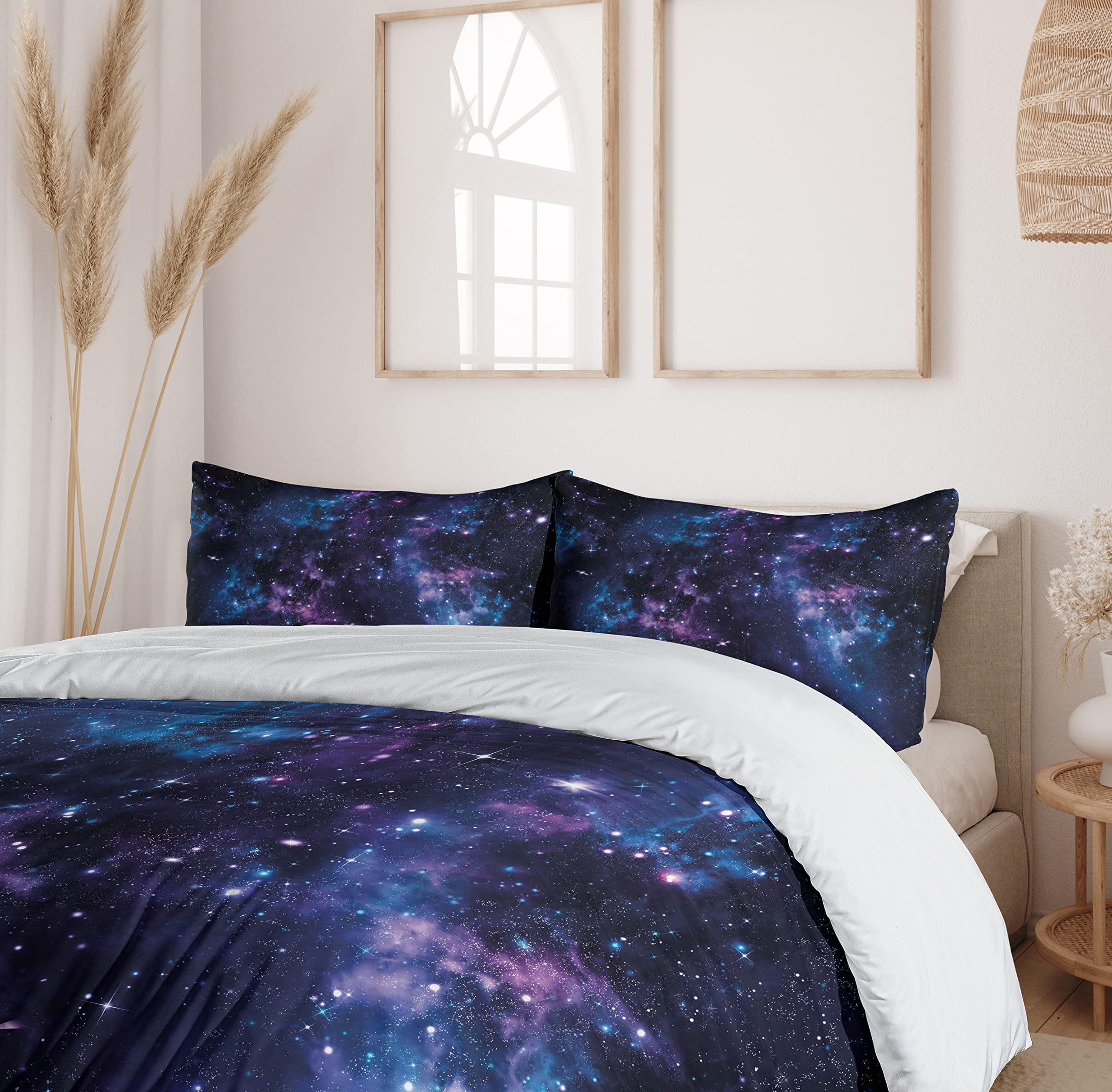 Ambesonne Space Duvet Cover Set, Mystical Sky with Star Clusters Cosmos Nebula Celestial Scenery Artwork, Decorative 3 Piece Bedding Set with 2 Pillow Shams, King Size, Blue