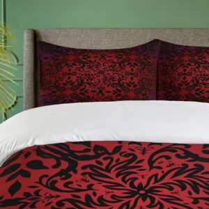 Ambesonne Oriental Duvet Cover Set, Mandala Inspired Curly Flowers and Leaves Details Frame Illustration, Decorative 3 Piece Bedding Set with 2 Pillow Shams, King Size, Vermilion and Black