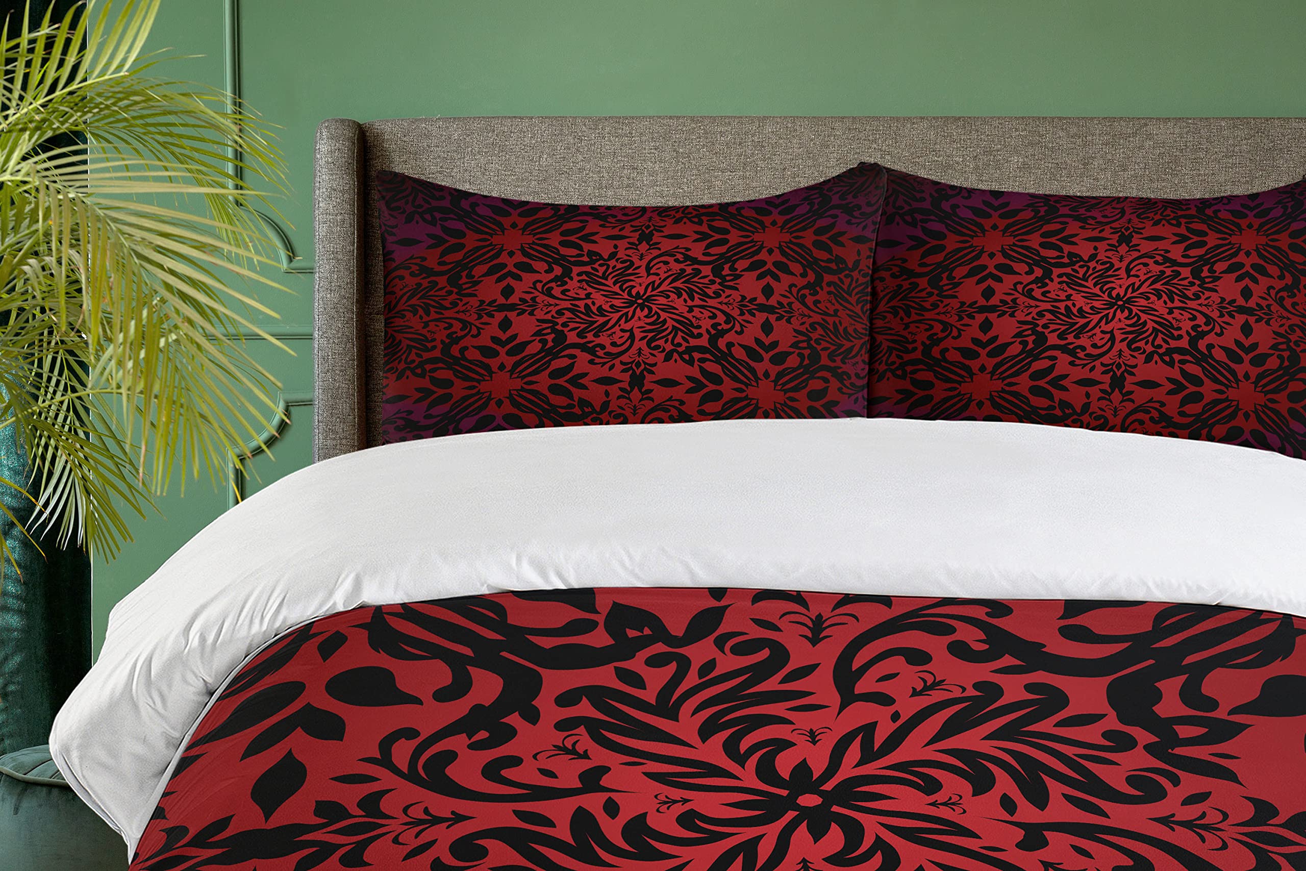 Ambesonne Oriental Duvet Cover Set, Mandala Inspired Curly Flowers and Leaves Details Frame Illustration, Decorative 3 Piece Bedding Set with 2 Pillow Shams, King Size, Vermilion and Black