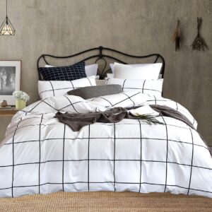 KAREVER White Grid Duvet Cover Set Queen White Checkered Bedding Set White and Black Plaid Queen 3 PCS Women White Checkered Duvet Cover Set Queen White Grid Duvet Cover