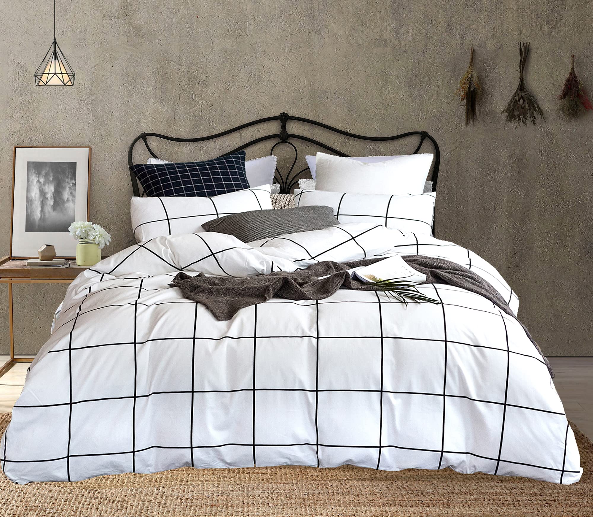 KAREVER White Grid Duvet Cover Set Queen White Checkered Bedding Set White and Black Plaid Queen 3 PCS Women White Checkered Duvet Cover Set Queen White Grid Duvet Cover