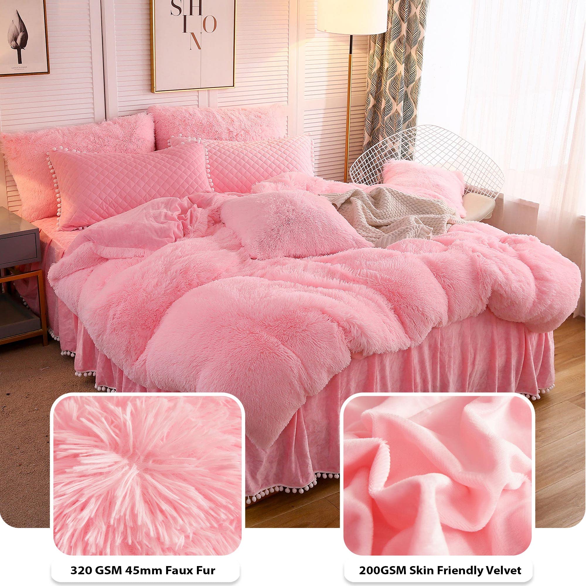 LIFEREVO Luxury Plush Shaggy Duvet Cover Set, Soft Velvet Fluffy Furry Duvet Cover Set(1 Faux Fur Fuzzy Comforter Cover + 2 Pom Poms Pillowcases) Solid Bedding Set, Zipper Closure(Full/Queen, Pink)