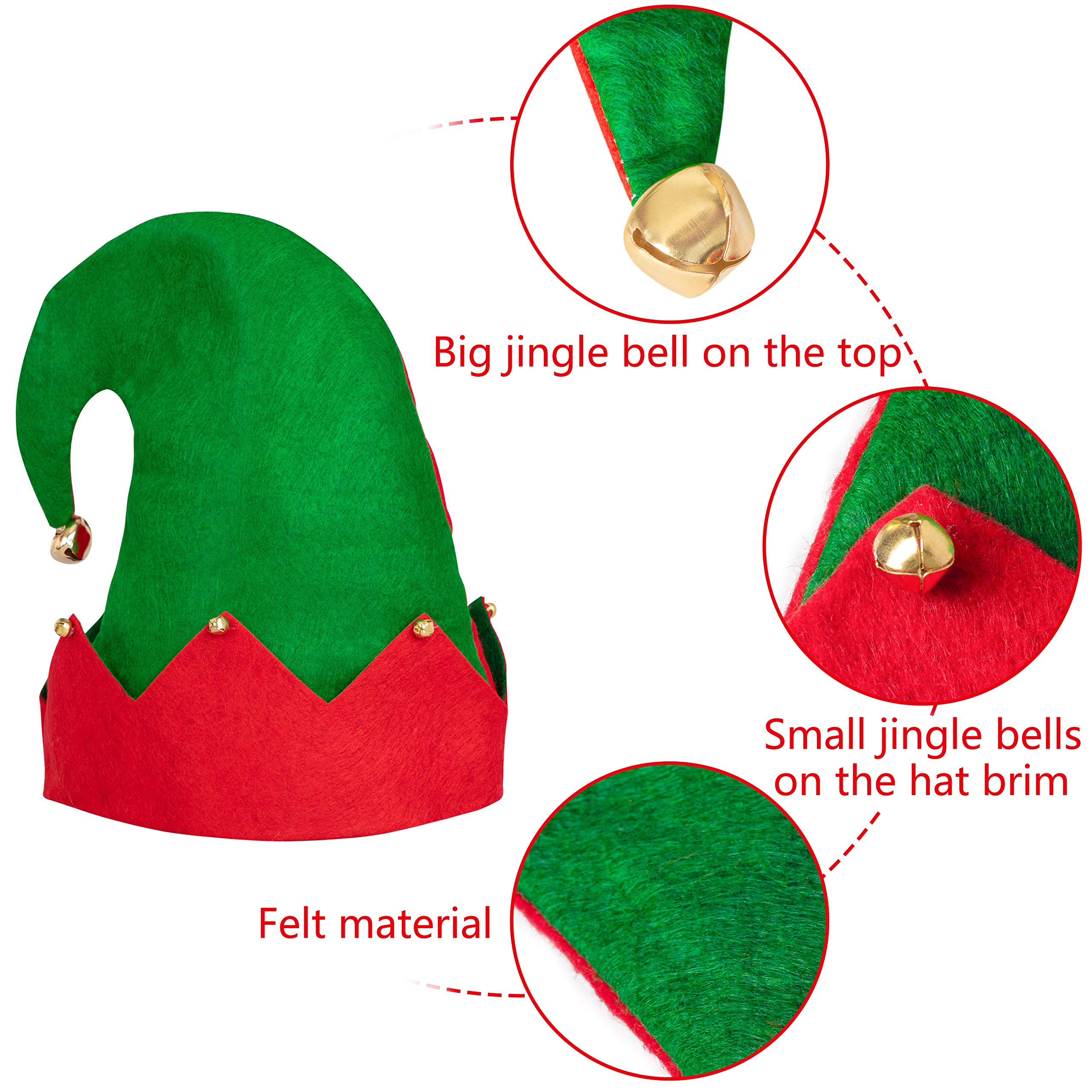 Moon Boat 3Pack Christmas Elf Felt Hat - Jingle Bells Xmas Holiday Party Costume Favors Gifts Accessoriess