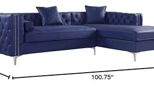 Iconic Home Da Vinci Right Hand Facing Sectional Sofa L Shape Chaise PU Leather Button Tufted with Silver Nailhead Trim Silvertone Metal Leg with 3 Accent Pillows, Modern Contemporary, Navy