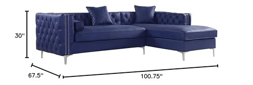 Iconic Home Da Vinci Right Hand Facing Sectional Sofa L Shape Chaise PU Leather Button Tufted with Silver Nailhead Trim Silvertone Metal Leg with 3 Accent Pillows, Modern Contemporary, Navy