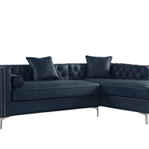 Iconic Home Da Vinci Right Hand Facing Sectional Sofa L Shape Chaise PU Leather Button Tufted with Silver Nailhead Trim Silvertone Metal Leg with 3 Accent Pillows, Modern Contemporary, Navy