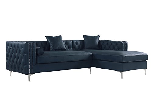 Iconic Home Da Vinci Right Hand Facing Sectional Sofa L Shape Chaise PU Leather Button Tufted with Silver Nailhead Trim Silvertone Metal Leg with 3 Accent Pillows, Modern Contemporary, Navy