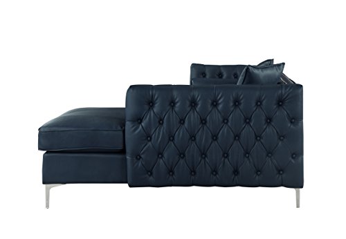 Iconic Home Da Vinci Right Hand Facing Sectional Sofa L Shape Chaise PU Leather Button Tufted with Silver Nailhead Trim Silvertone Metal Leg with 3 Accent Pillows, Modern Contemporary, Navy