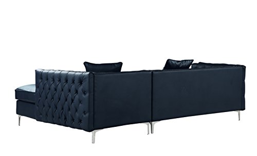 Iconic Home Da Vinci Right Hand Facing Sectional Sofa L Shape Chaise PU Leather Button Tufted with Silver Nailhead Trim Silvertone Metal Leg with 3 Accent Pillows, Modern Contemporary, Navy