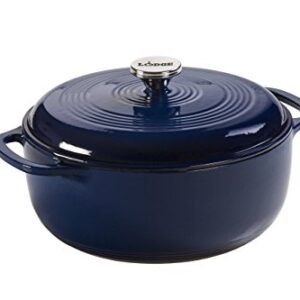 Lodge 6 Quart Enameled Cast Iron Dutch Oven with Lid – Dual Handles – Oven Safe up to 500° F or on Stovetop - Use to Marinate, Cook, Bake, Refrigerate and Serve – Indigo