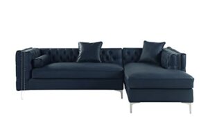 iconic home da vinci right hand facing sectional sofa l shape chaise pu leather button tufted with silver nailhead trim silvertone metal leg with 3 accent pillows, modern contemporary, navy