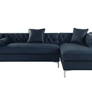 Iconic Home Da Vinci Right Hand Facing Sectional Sofa L Shape Chaise PU Leather Button Tufted with Silver Nailhead Trim Silvertone Metal Leg with 3 Accent Pillows, Modern Contemporary, Navy