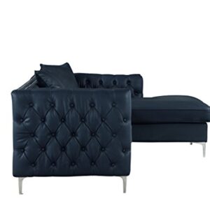 Iconic Home Da Vinci Right Hand Facing Sectional Sofa L Shape Chaise PU Leather Button Tufted with Silver Nailhead Trim Silvertone Metal Leg with 3 Accent Pillows, Modern Contemporary, Navy