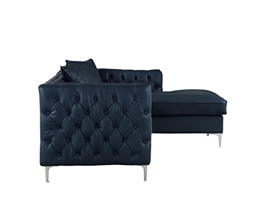 Iconic Home Da Vinci Right Hand Facing Sectional Sofa L Shape Chaise PU Leather Button Tufted with Silver Nailhead Trim Silvertone Metal Leg with 3 Accent Pillows, Modern Contemporary, Navy