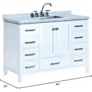 ARIEL Cambridge A049SCWRVOWHT 49" Inch Single Rectangular Sink Solid Wood White Bathroom Vanity with 1.5" Inch Edge Carrara Marble Countertop