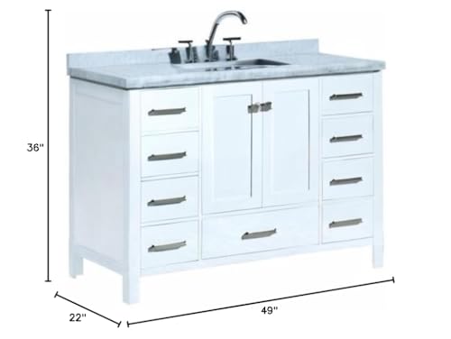 ARIEL Cambridge A049SCWRVOWHT 49" Inch Single Rectangular Sink Solid Wood White Bathroom Vanity with 1.5" Inch Edge Carrara Marble Countertop