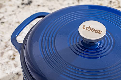 Lodge 6 Quart Enameled Cast Iron Dutch Oven with Lid – Dual Handles – Oven Safe up to 500° F or on Stovetop - Use to Marinate, Cook, Bake, Refrigerate and Serve – Indigo